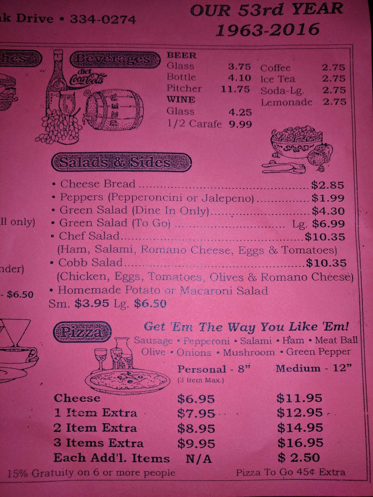 Menu at Tony Baloney's restaurant, Sacramento