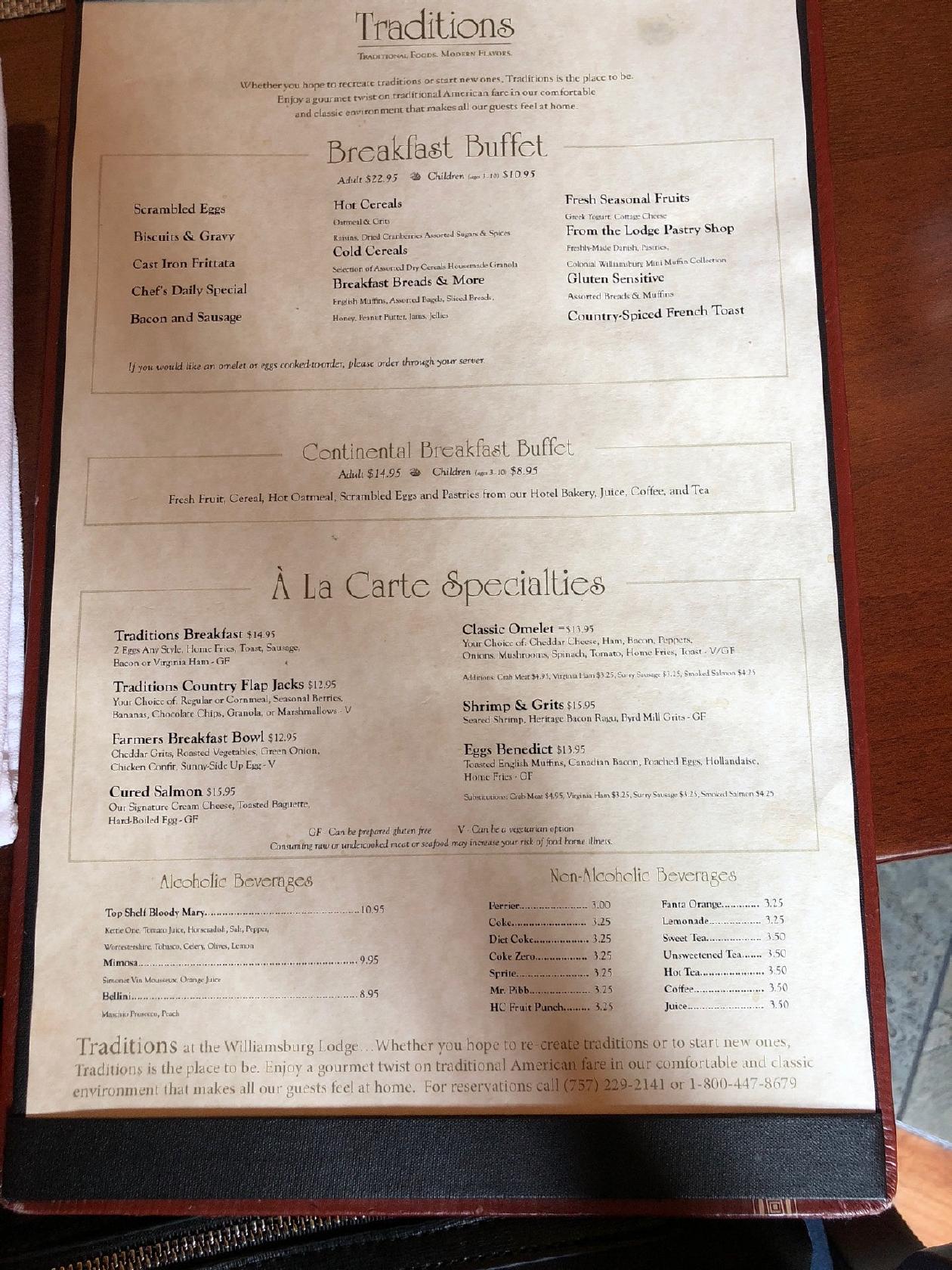 Menu at Traditions restaurant, Williamsburg