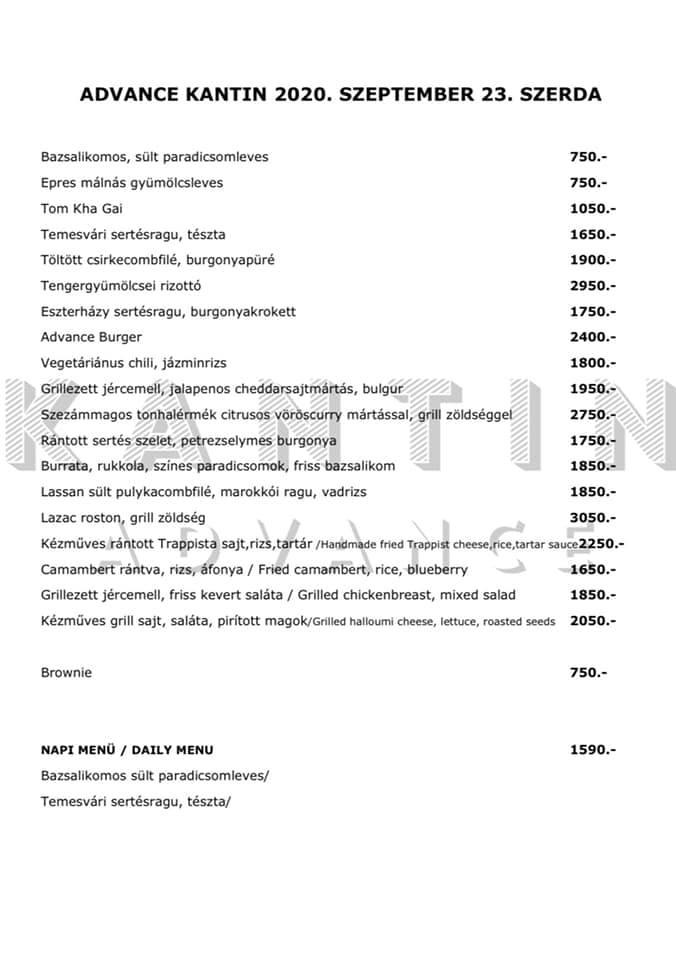 Menu at Advance Kantin restaurant, Budapest
