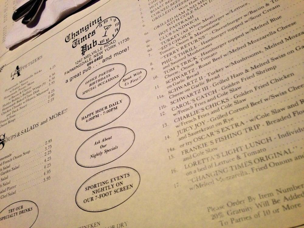 Menu at Changing Times Pub, Farmingdale