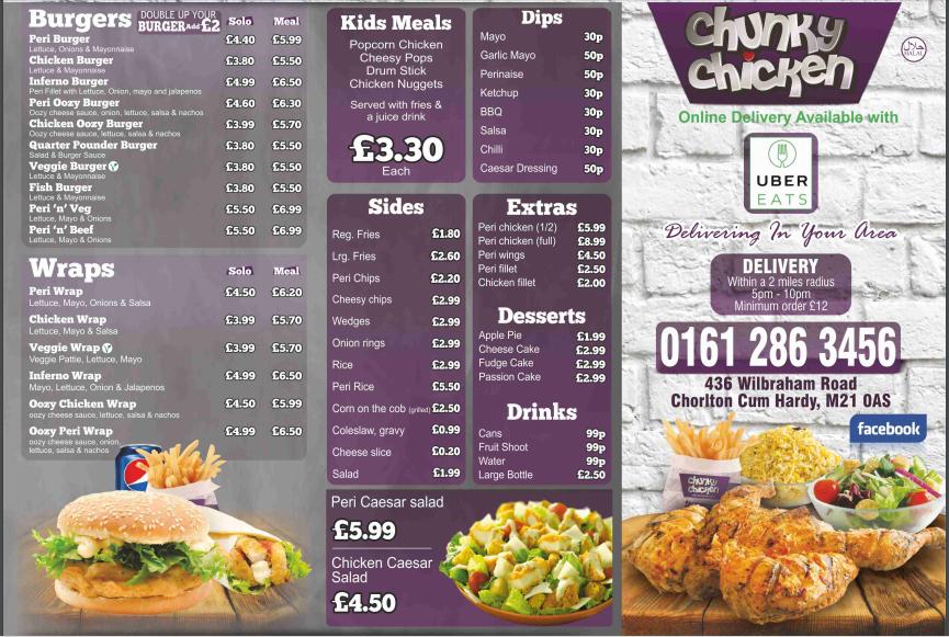 Menu at Chunky Chicken restaurant, Manchester, 436 Wilbraham Rd