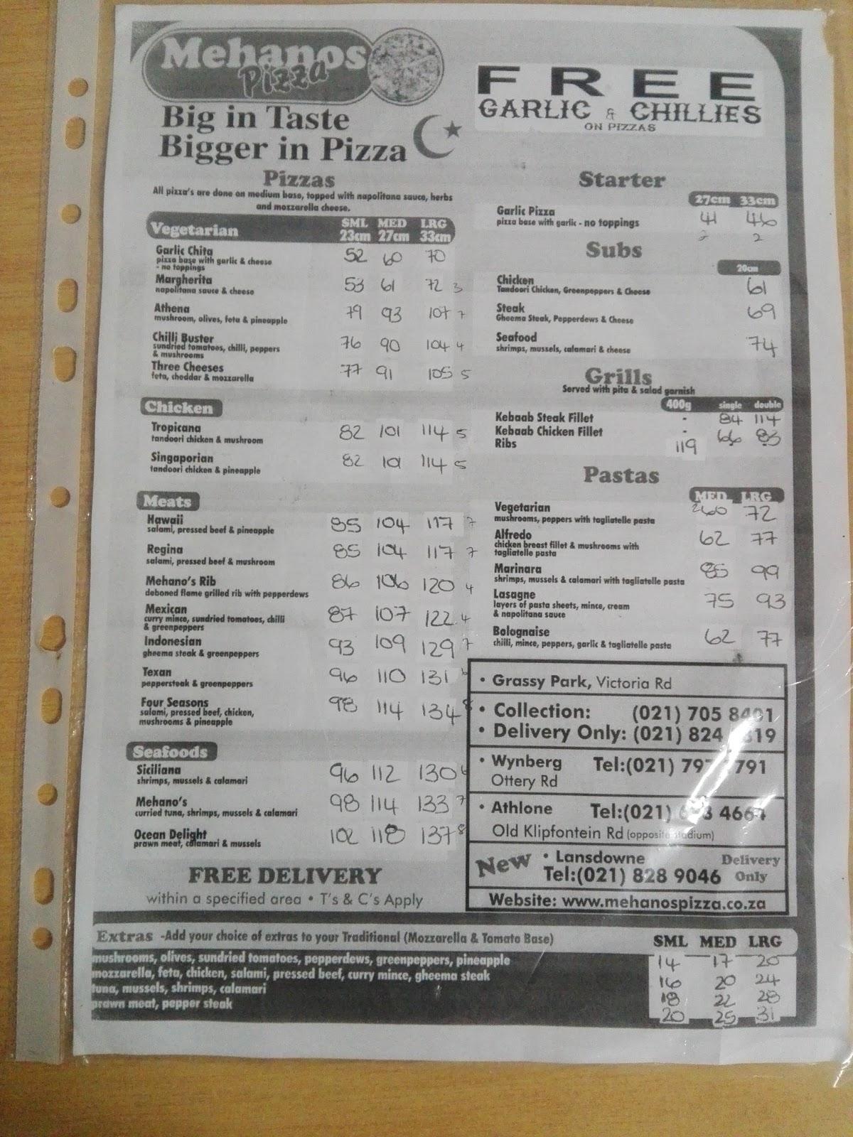Menu at Mehanos Pizza restaurant, Cape Town, 1 Albert Rd