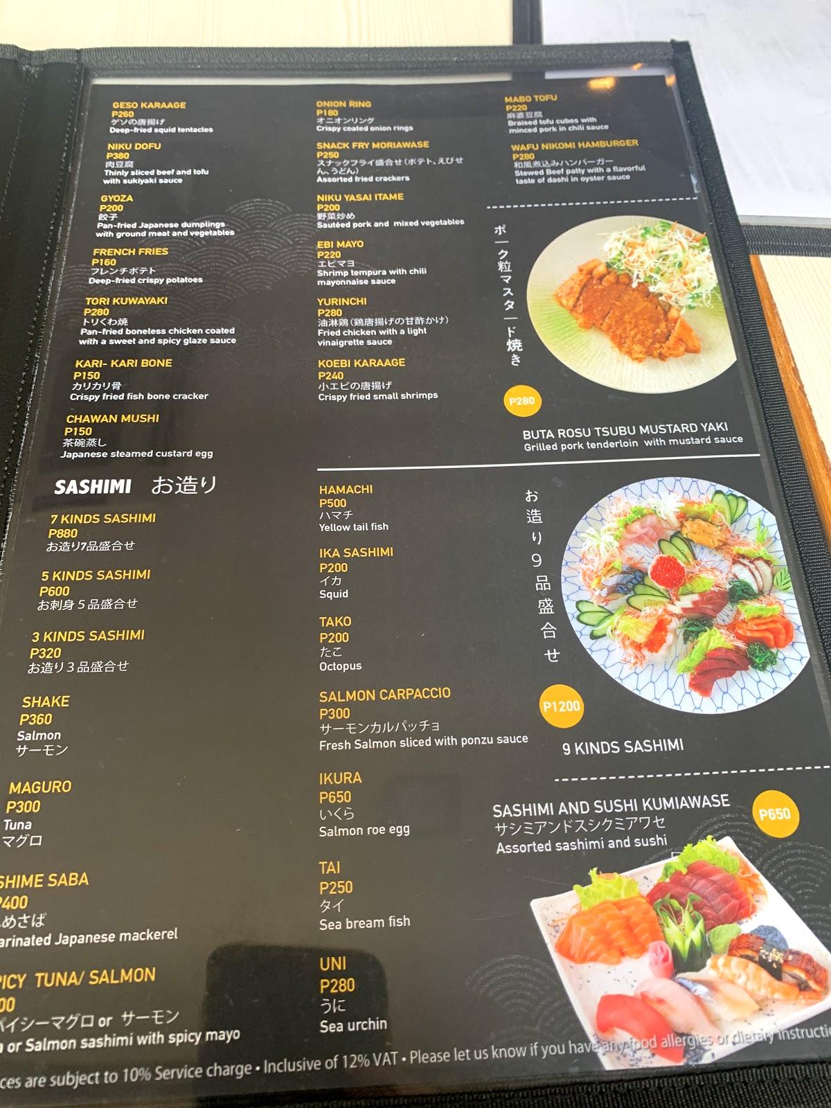 Menu at Minori-Tei restaurant, Santo Tomas