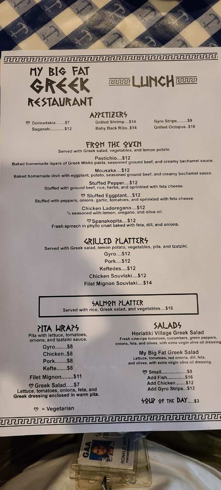 Carta de My Big Fat Greek Restaurant, Dania Beach, Griffin Rd