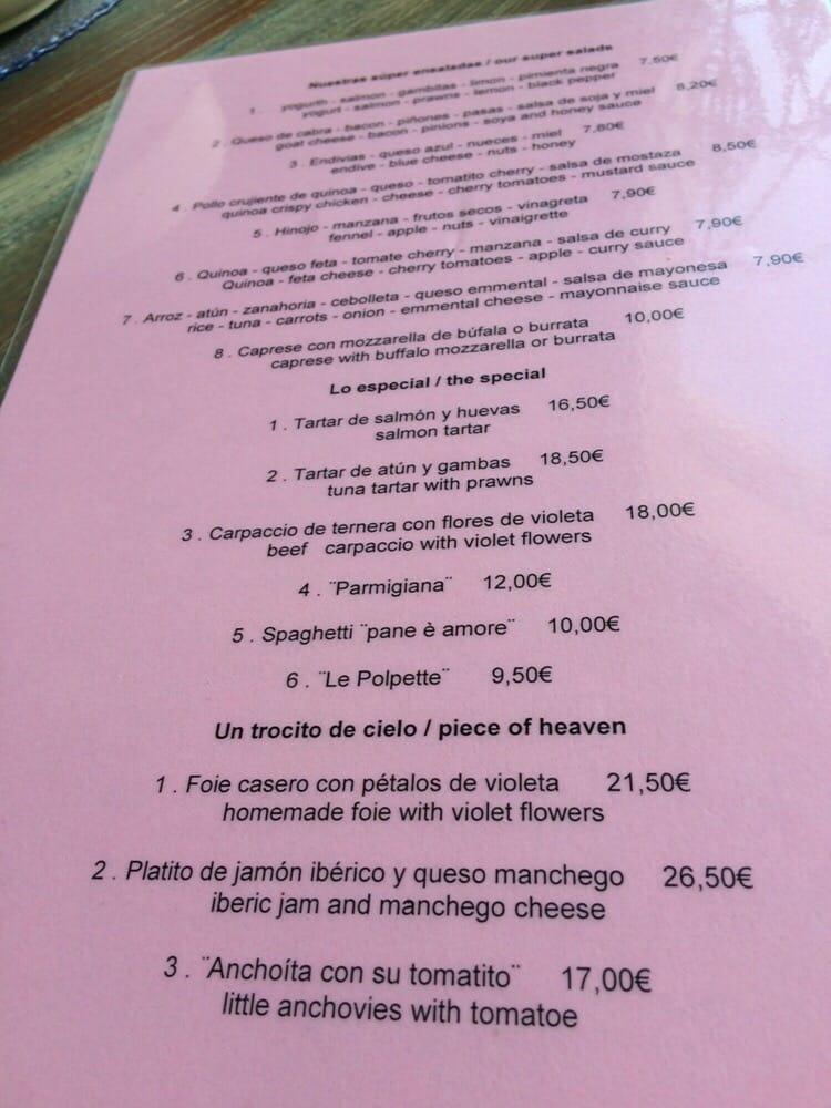 Menu at Pane e amore cafeteria, L'Albir