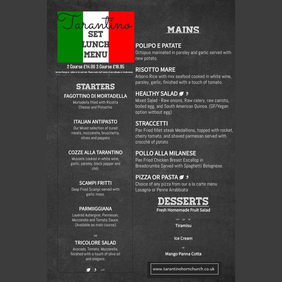Menu at Tarantino restaurant, Hornchurch