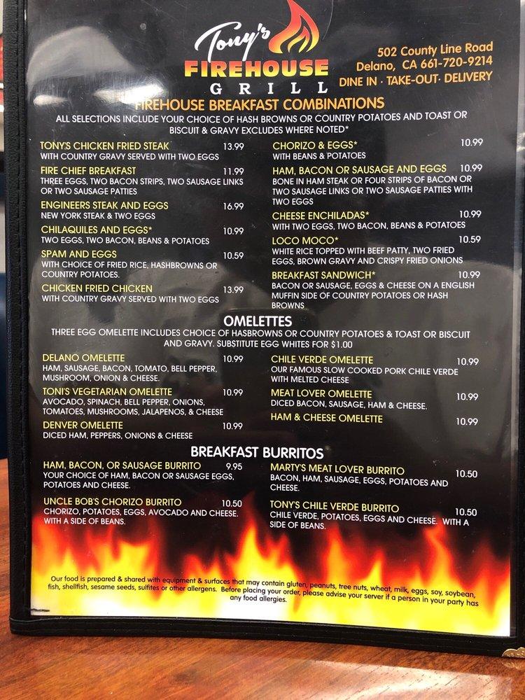 Menu at Tony's Firehouse Grill and Pizza pizzeria, Delano, 502 County ...