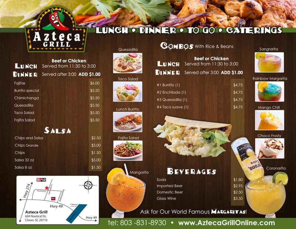 Menu at Azteca Grill restaurant, Lake Wylie