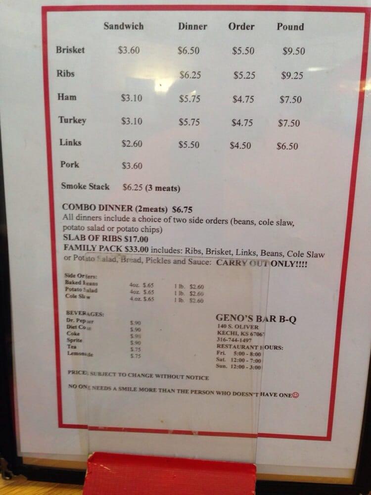 Menu at Geno's Bar-B-Q, Kechi