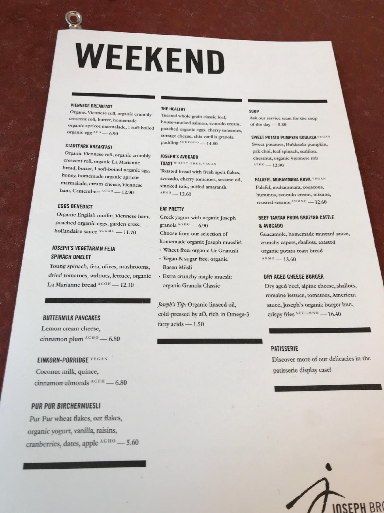 Menu at Joseph Brot cafe, Vienna, Landstraßer Hauptstraße 4