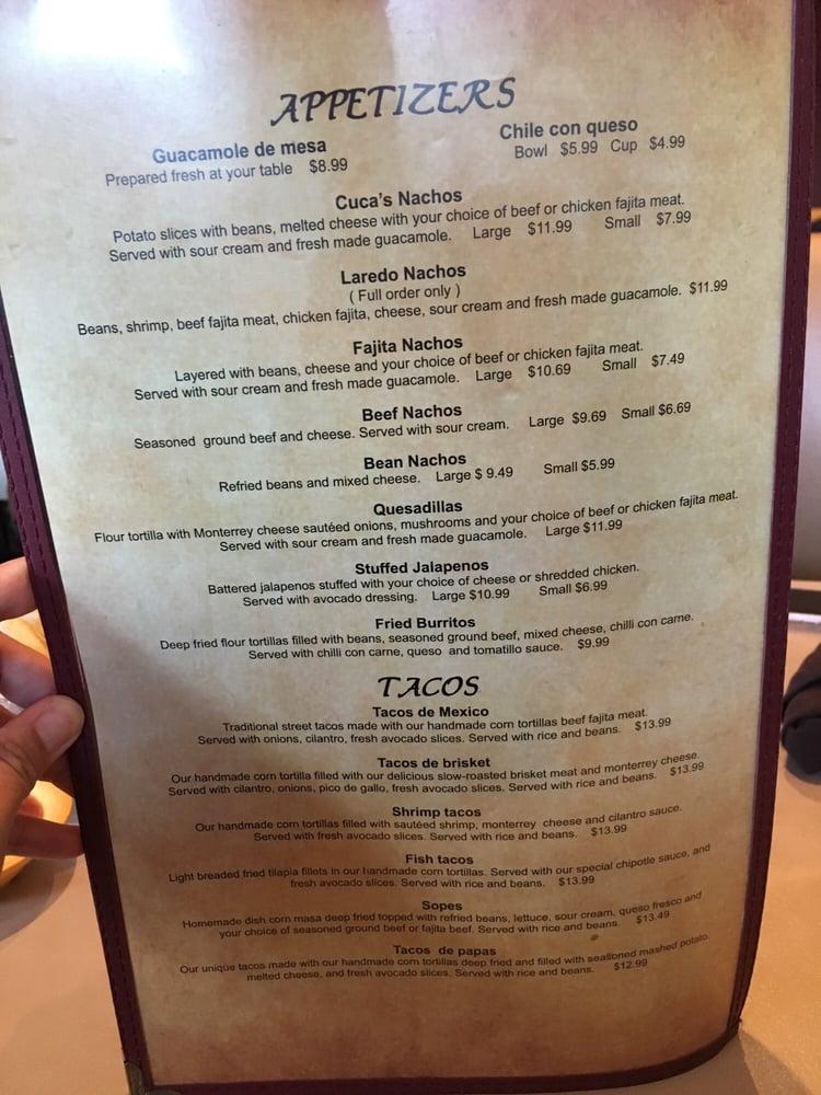 Menu at Maria Cuca's Mexican Cuisine restaurant, Keller