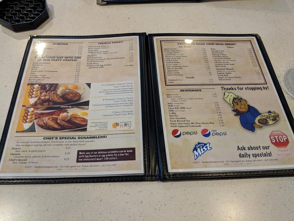 Menu at Sammy's Pancake House restaurant, Champaign