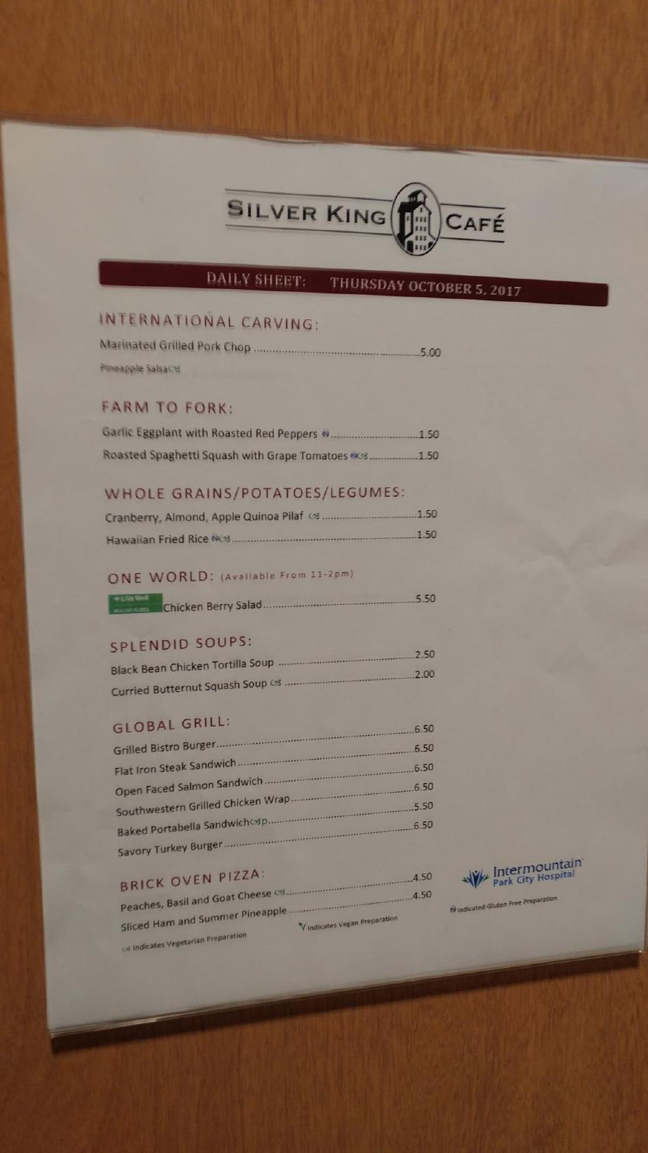 Menu at Silver King Café cafeteria, Park City, 900 Round Valley Dr