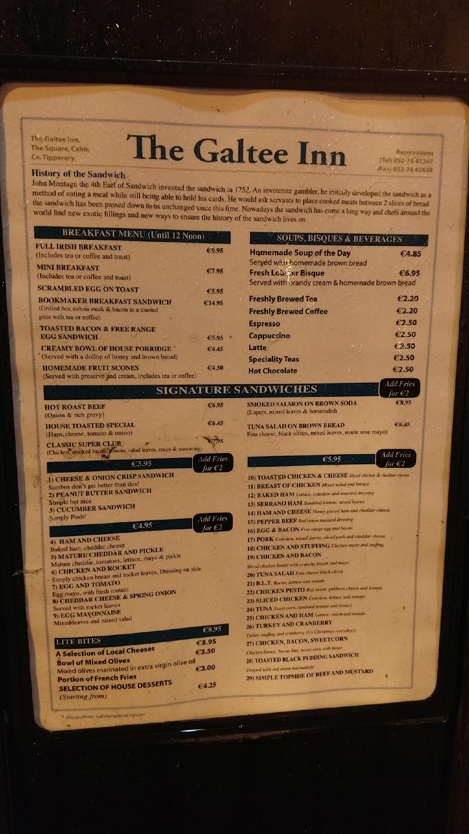 Menu at The Galtee Inn pub & bar, Cahir