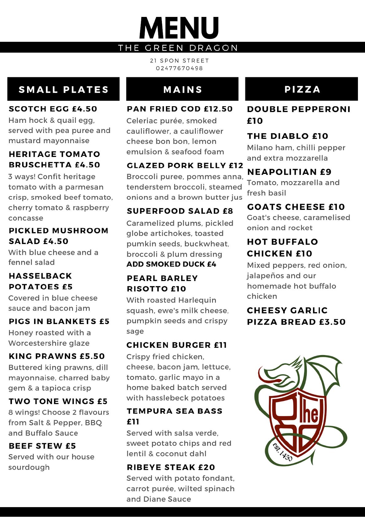 Menu at The Green Dragon restaurant, Coventry