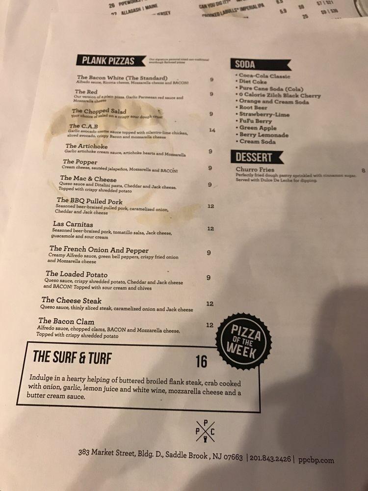Menu at The Plank Pizza Co Beer Parlor pizzeria, Saddle Brook
