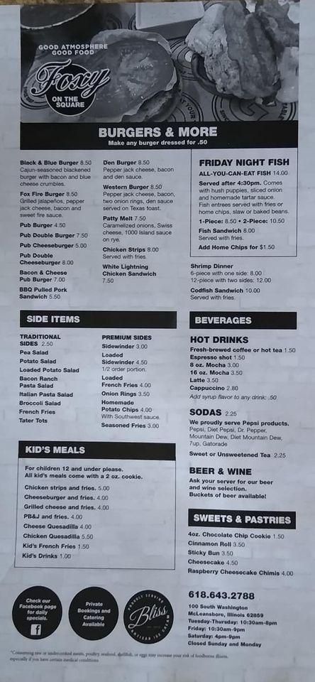 Menu at Foxy restaurant, McLeansboro