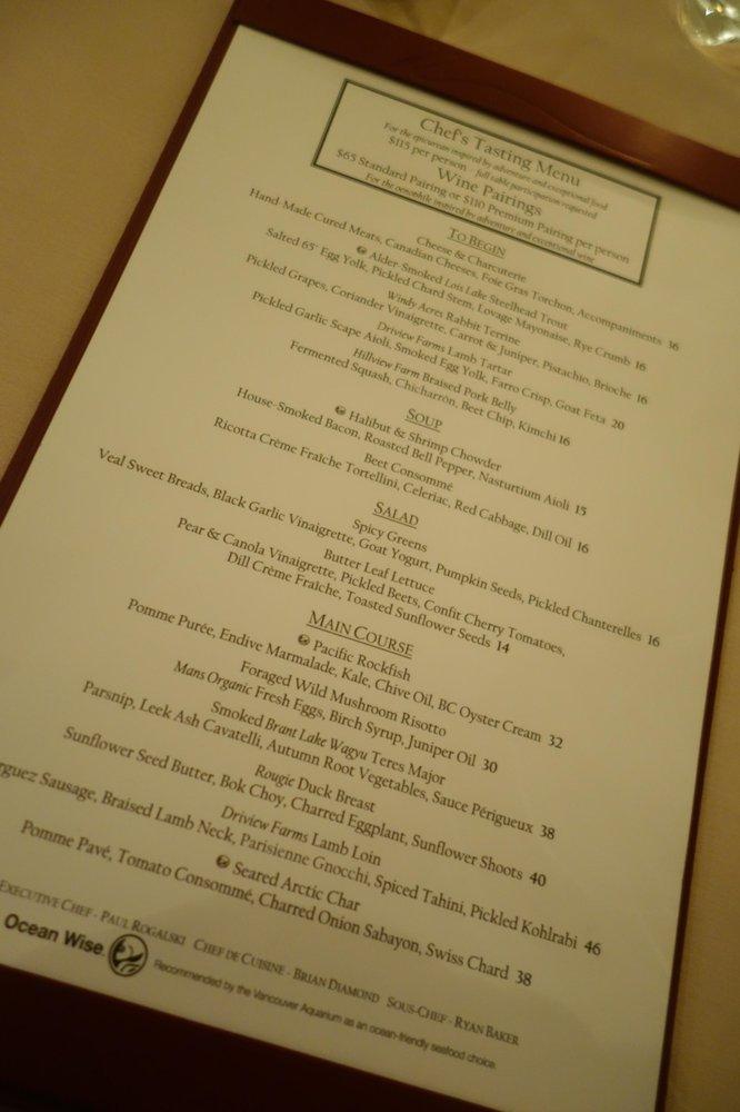 Menu at Rouge restaurant, Calgary
