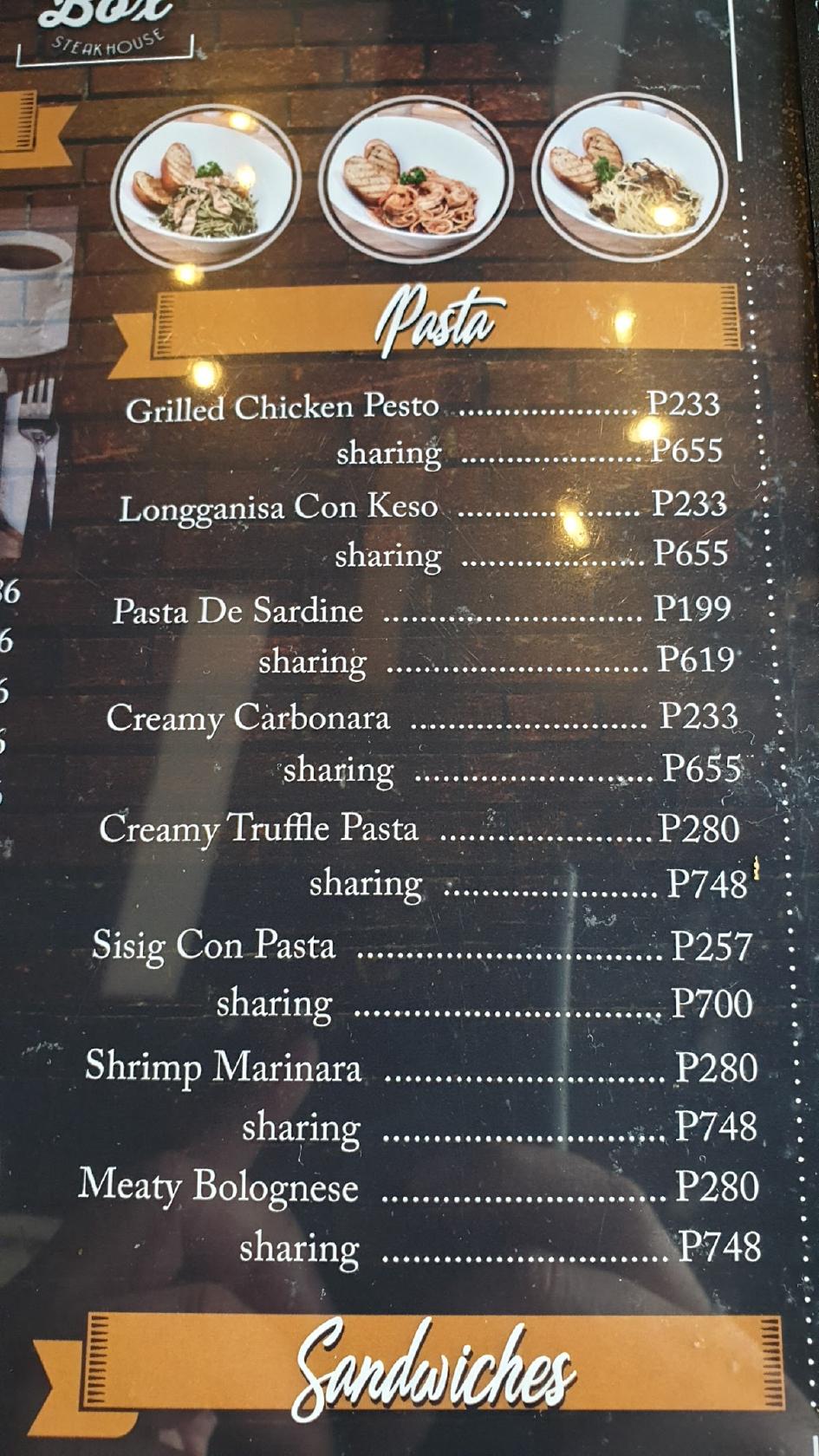 Menu at Rustic Box Steakhouse, Mandaluyong
