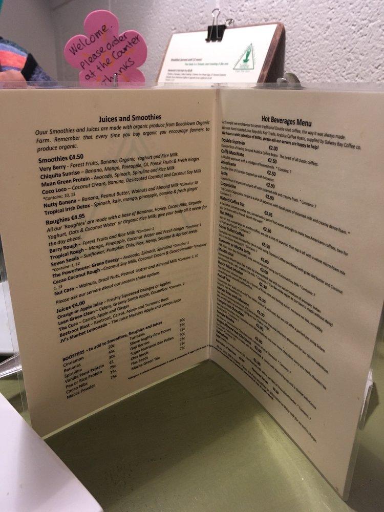 Menu at Temple Cafe, Galway