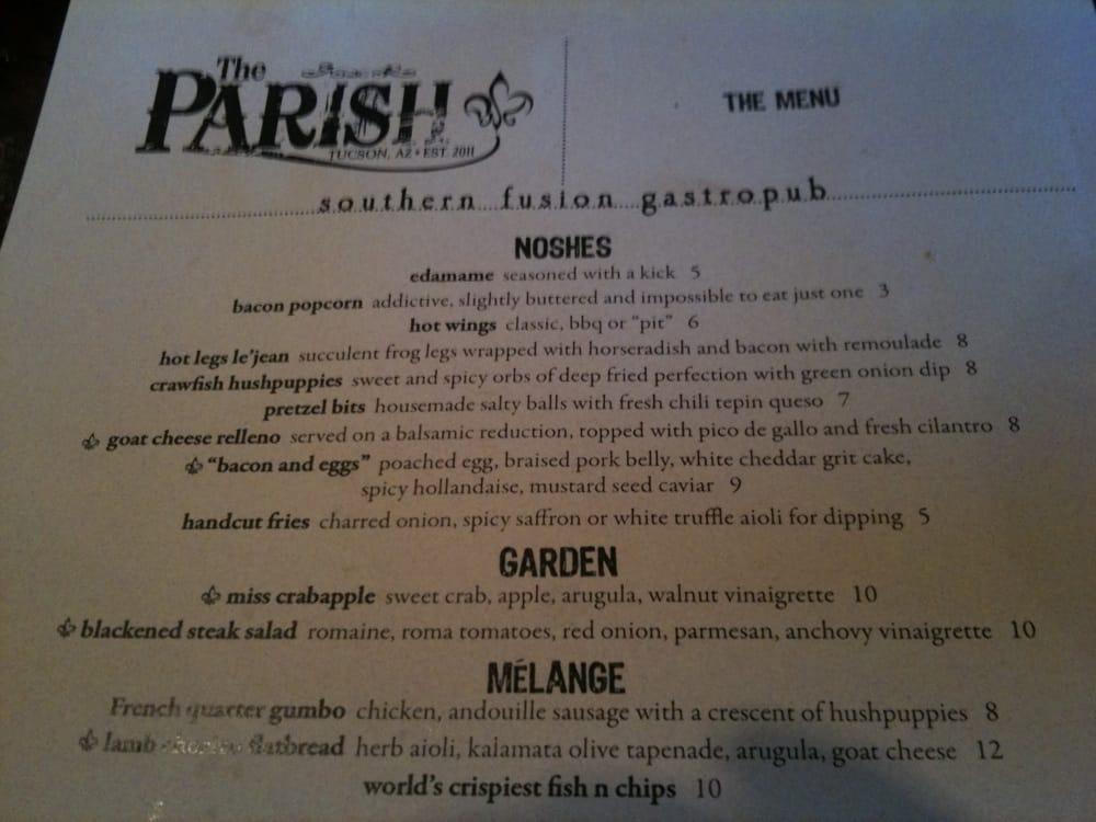 Menu at The Parish restaurant, Tucson