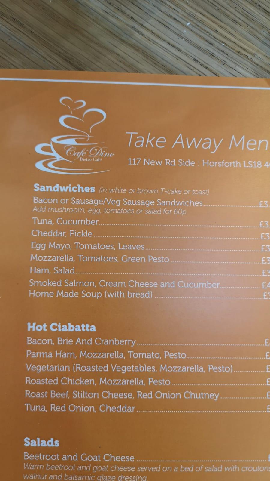 Menu at Cafe Dino, Leeds
