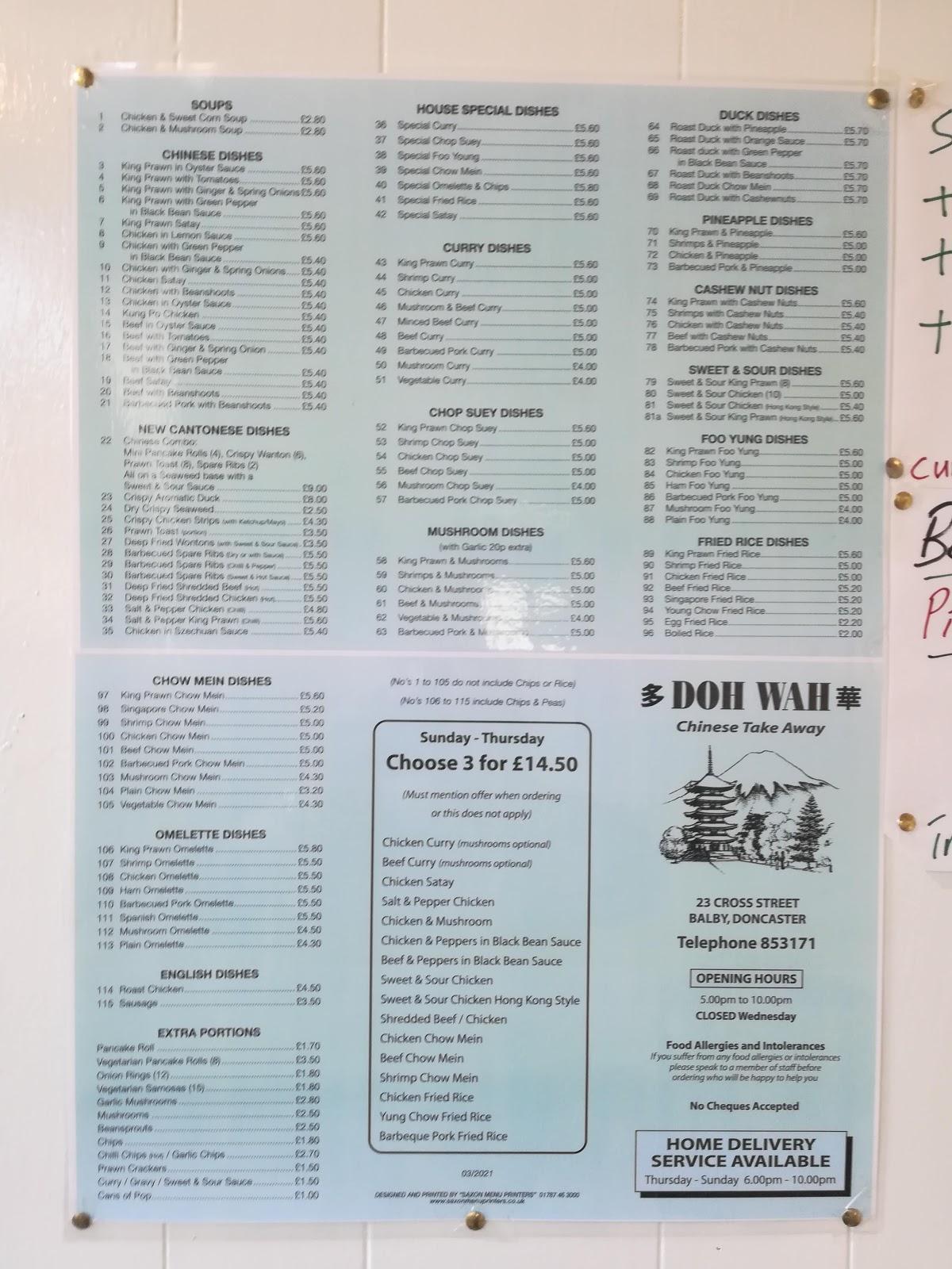 Menu at Doh Wah fast food, Doncaster