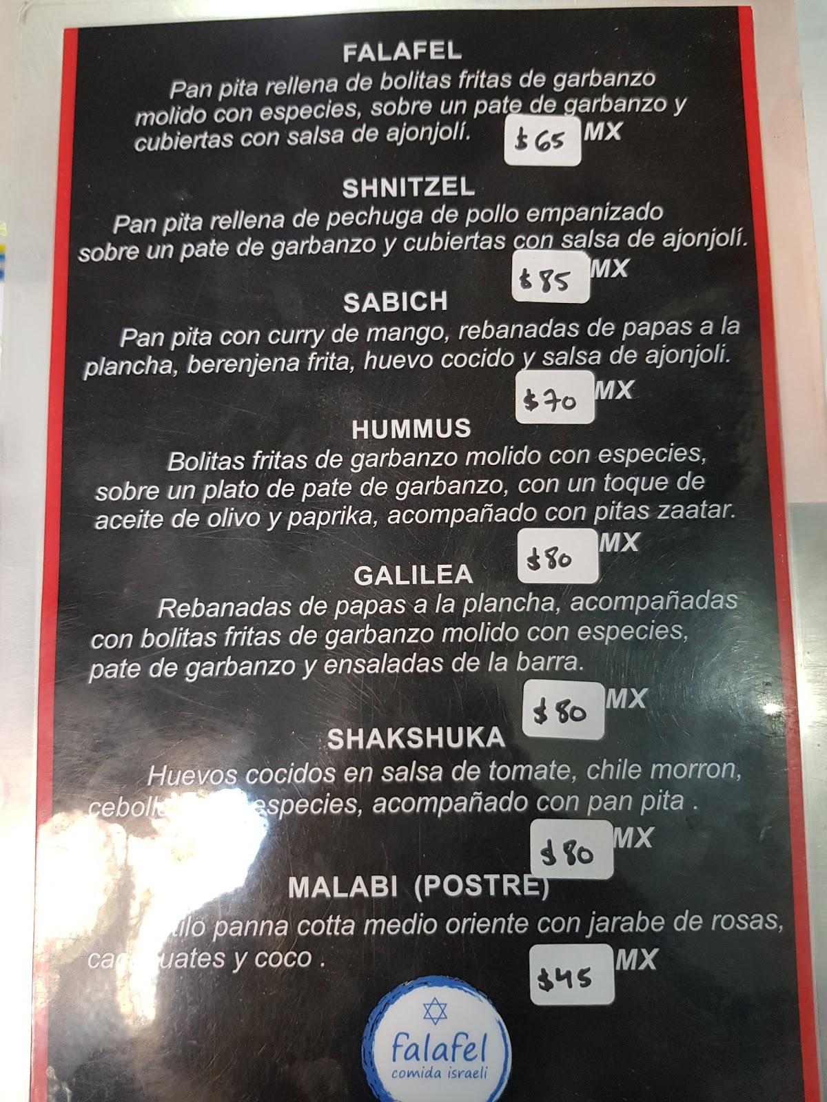 Menu at Falafel comida israeli restaurant, Ensenada, Lázaro Cárdenas 1094