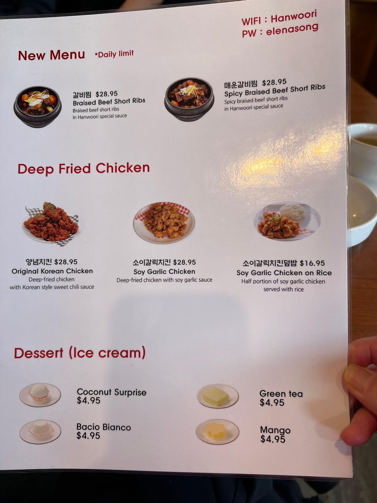 Menu at Hanwoori Korean Restaurant, Burnaby