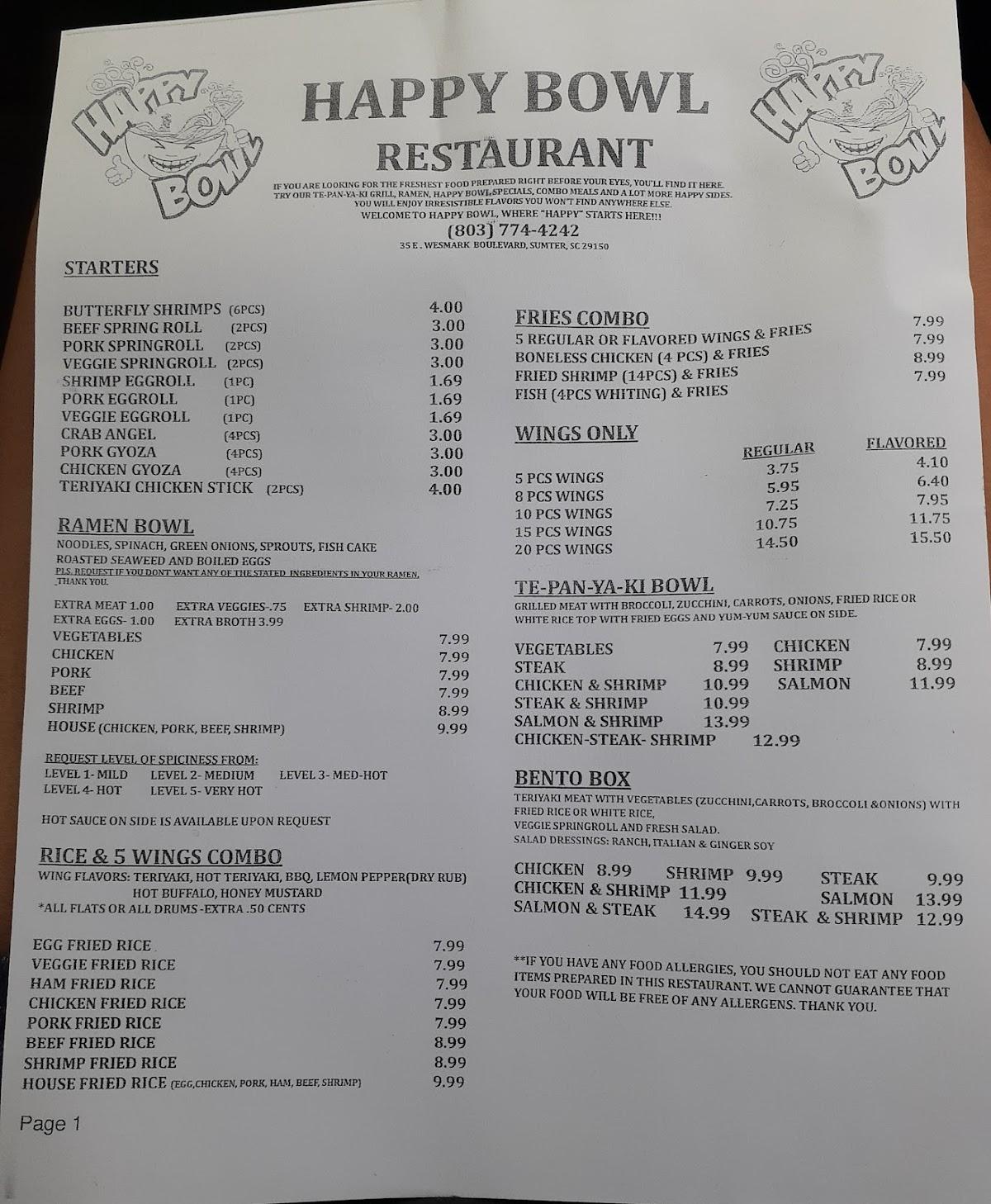 Menu at Happy Bowl restaurant, Sumter