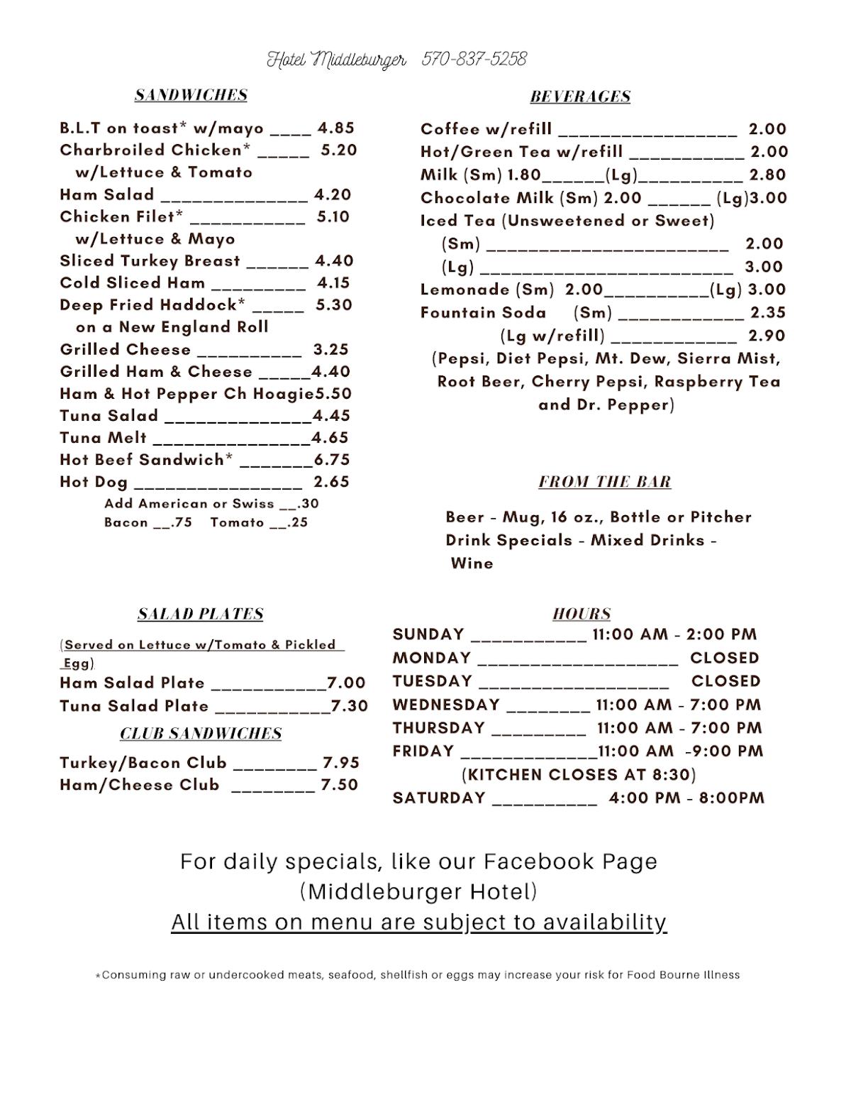 Menu at Hotel Middleburger restaurant, Middleburg