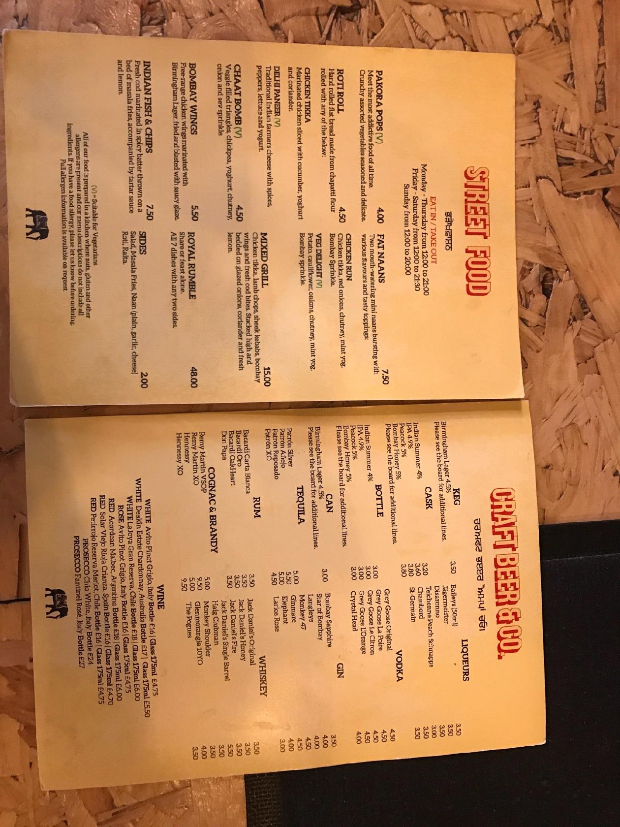 Menu at Indian Brewery Snowhill pub & bar, Birmingham