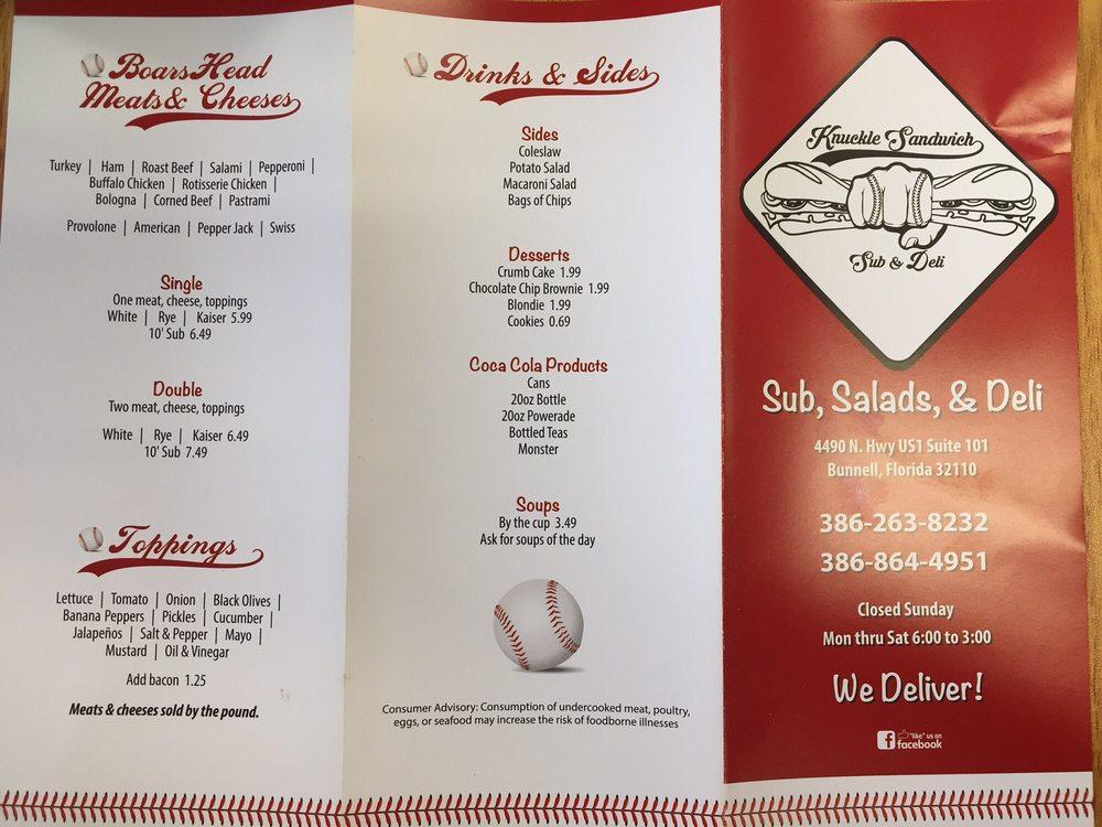 Carta de comida rápida Knuckle Sandwich Sub Shop, Bunnell