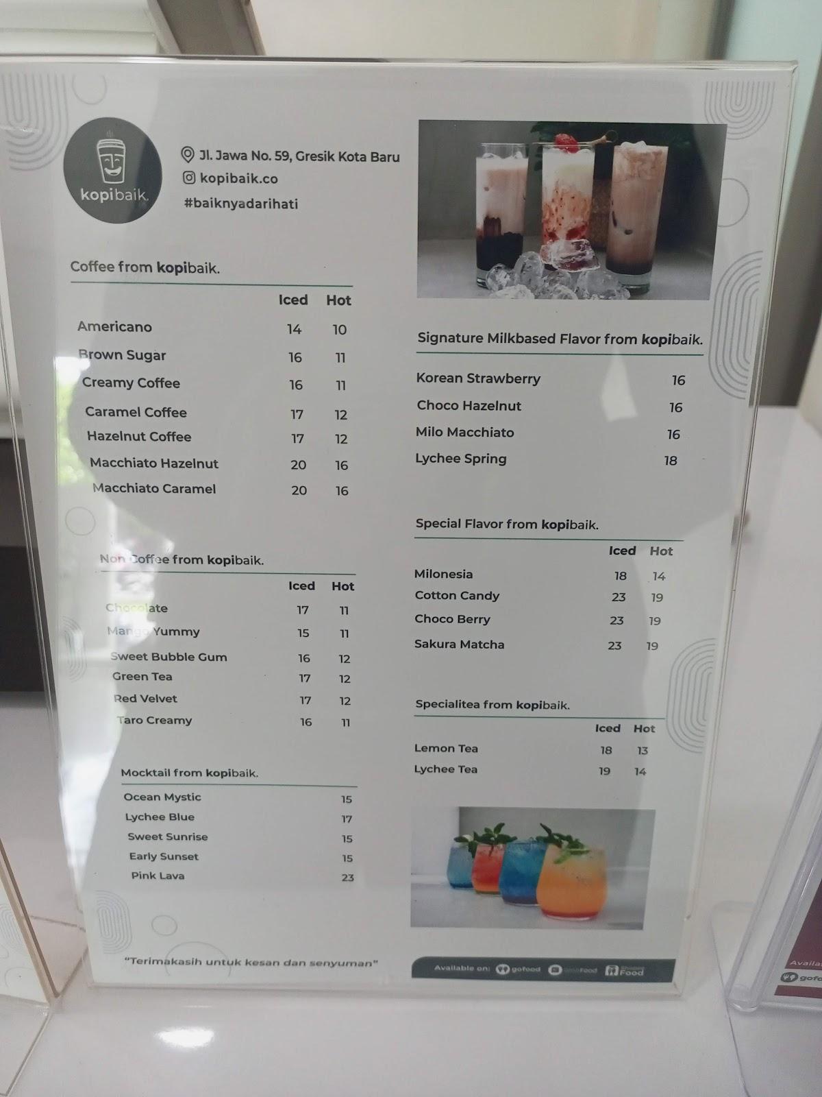 Menu at Kopi baik cafe, Gresik