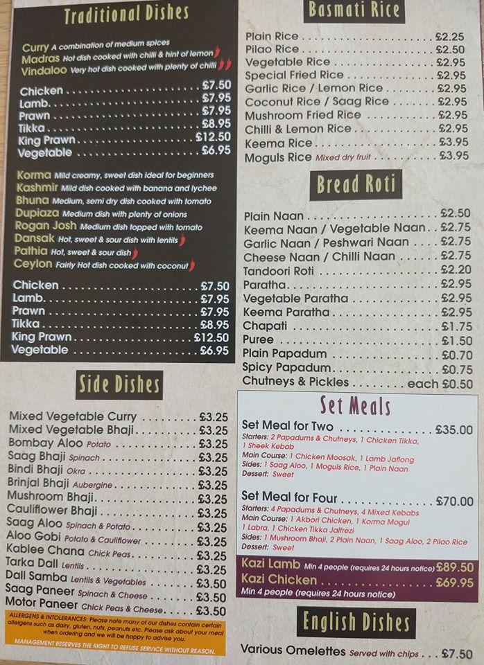 Menu at Moguls restaurant, Clevedon