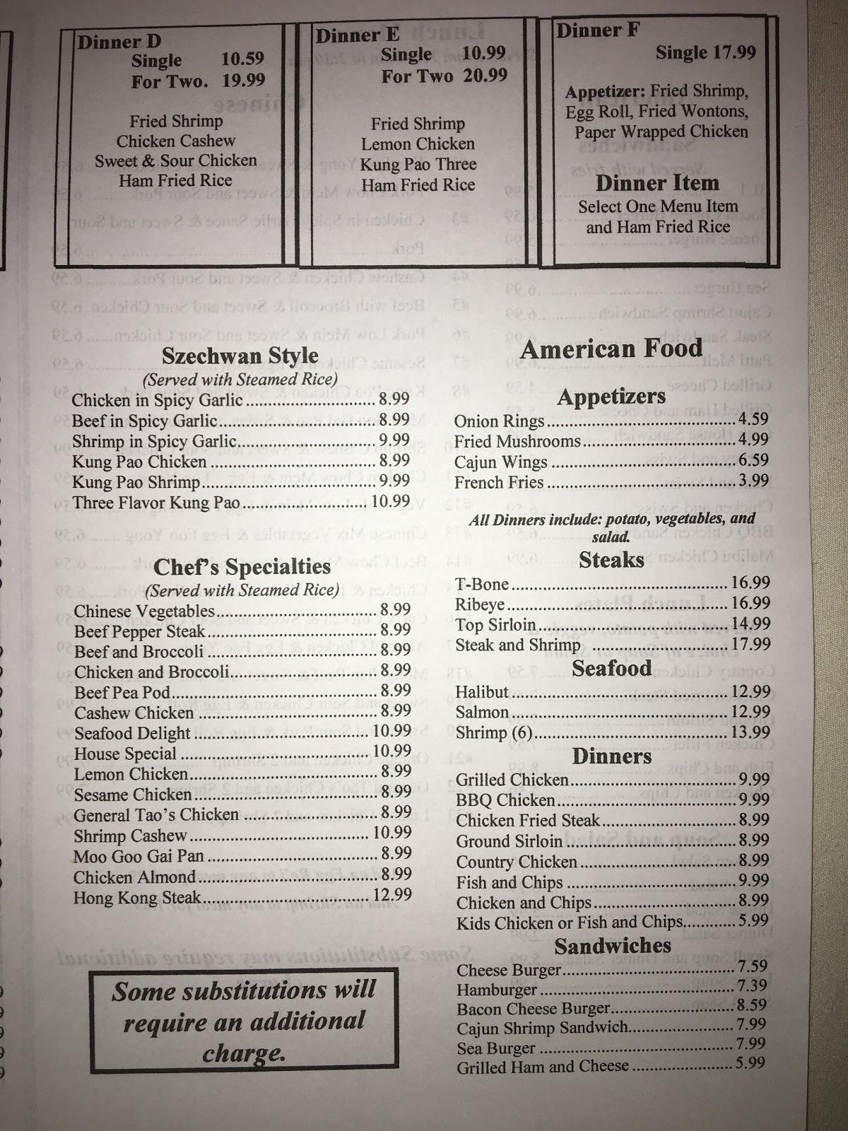 Menu at T-Bone Chinese American Restaurant, Springville