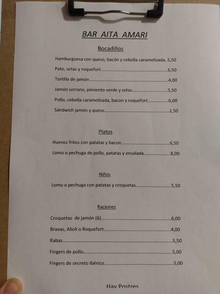 Menu at Aita Amari pub & bar, Lasarte-Oria