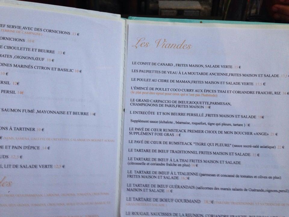 Menu au Chez Maman restaurant, Nantes