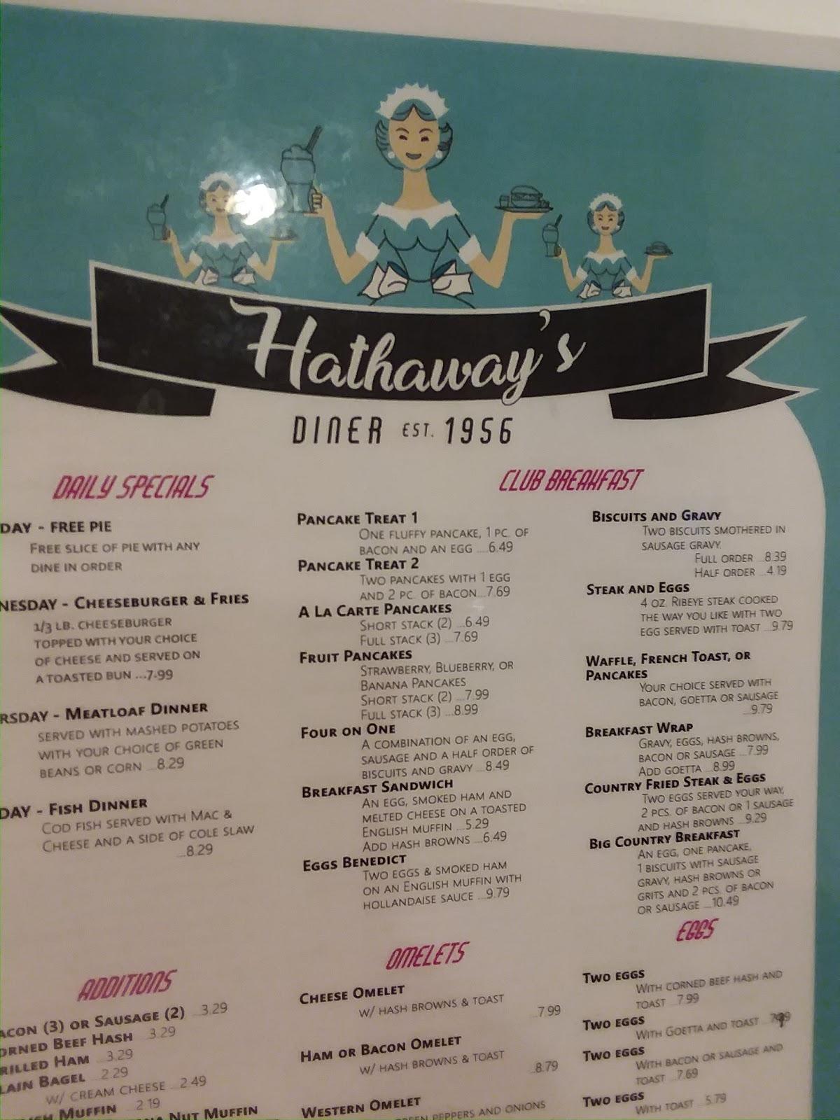 Menu at Hathaway's Diner restaurant, Cincinnati