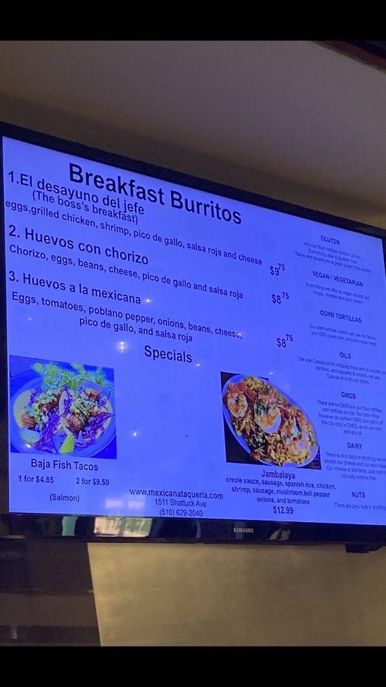 Menu at MEXICANA restaurant, Berkeley