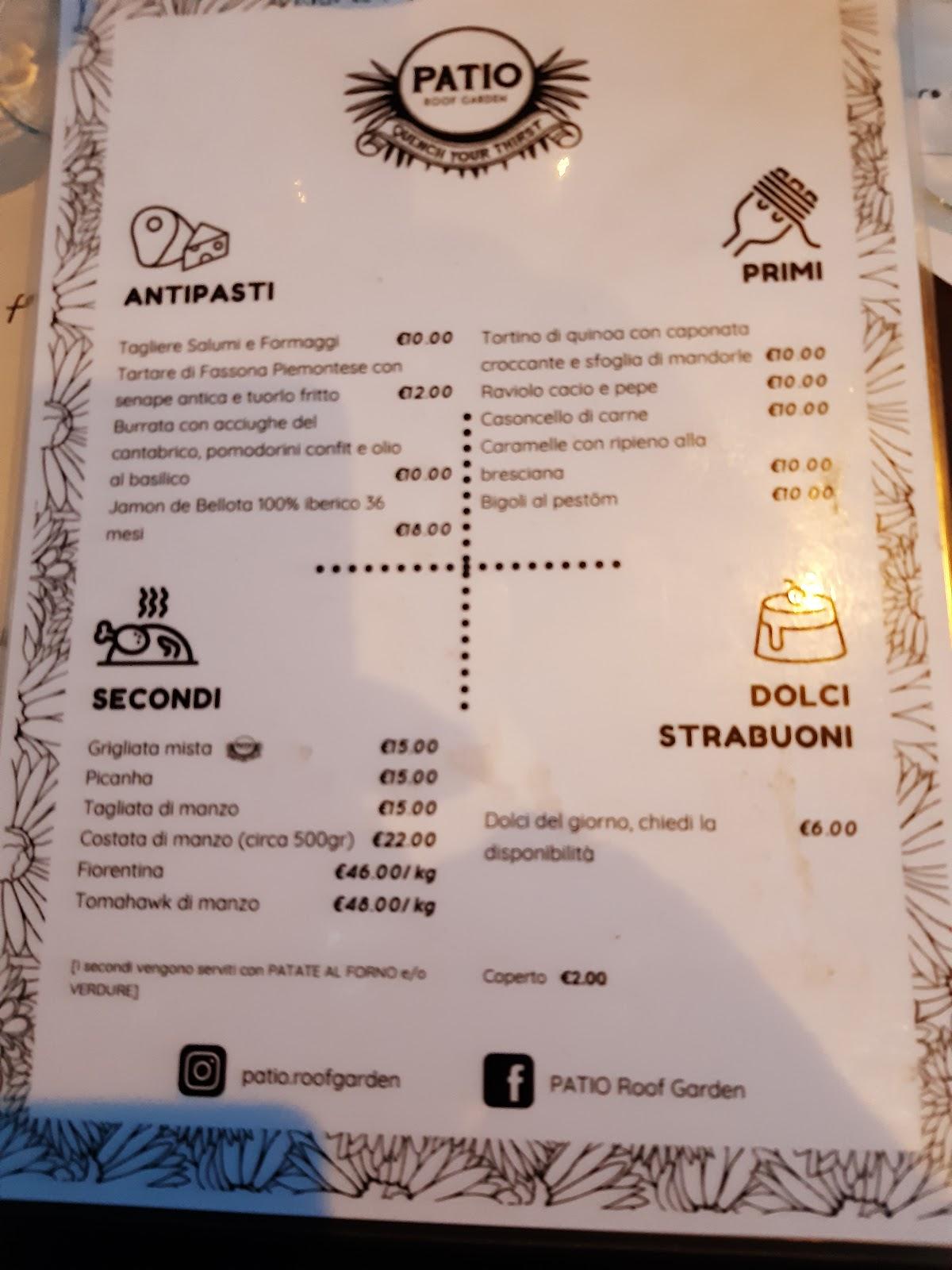 Menu at Patio Roof Garden restaurant, Brescia
