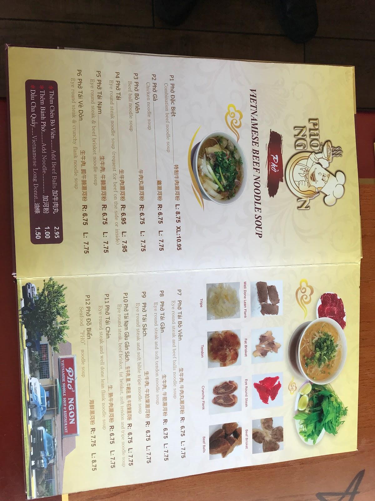 Menu at Pho Ngon restaurant, Houston, Bellaire Blvd