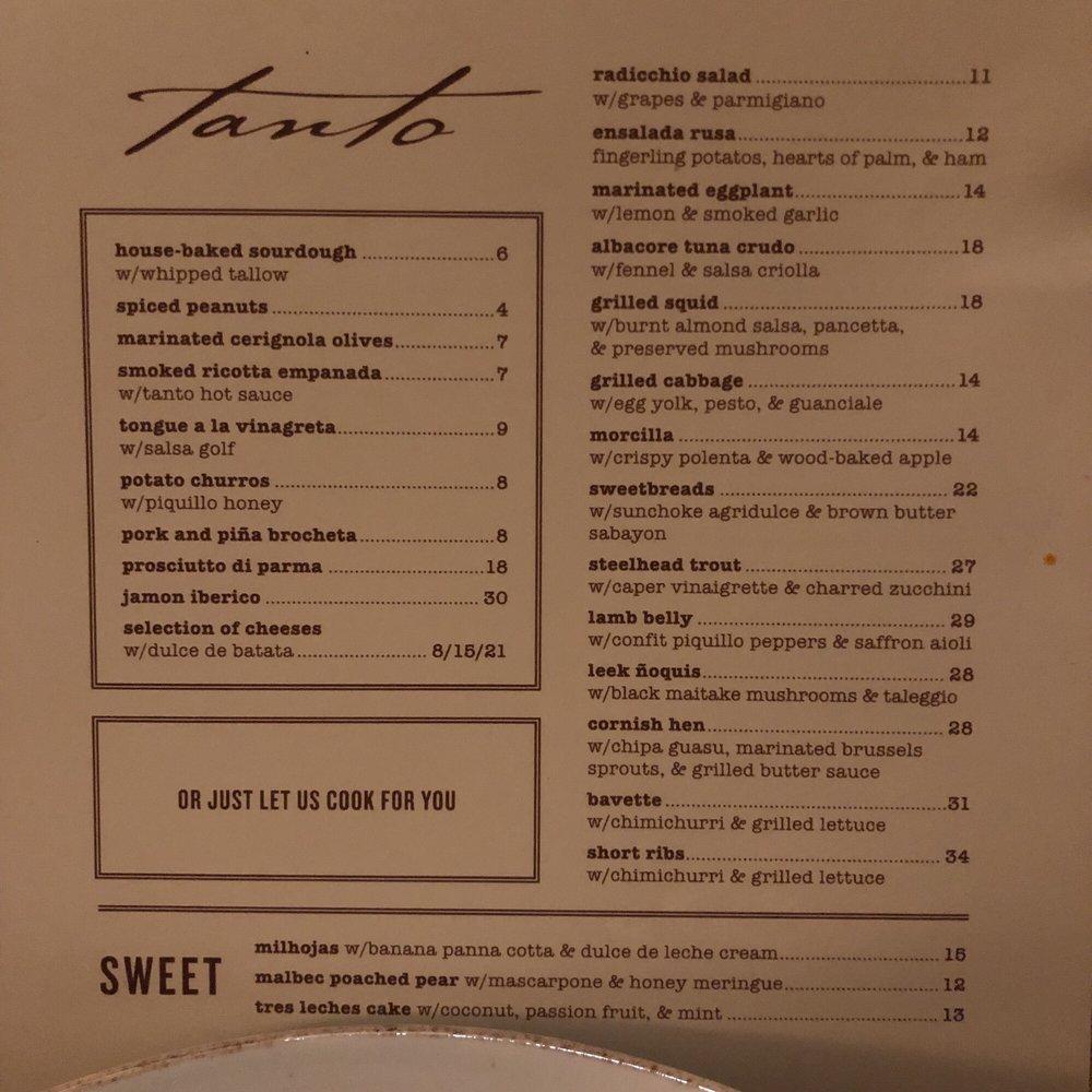 Menu at Tanto steakhouse, Toronto, 922 Queen St W