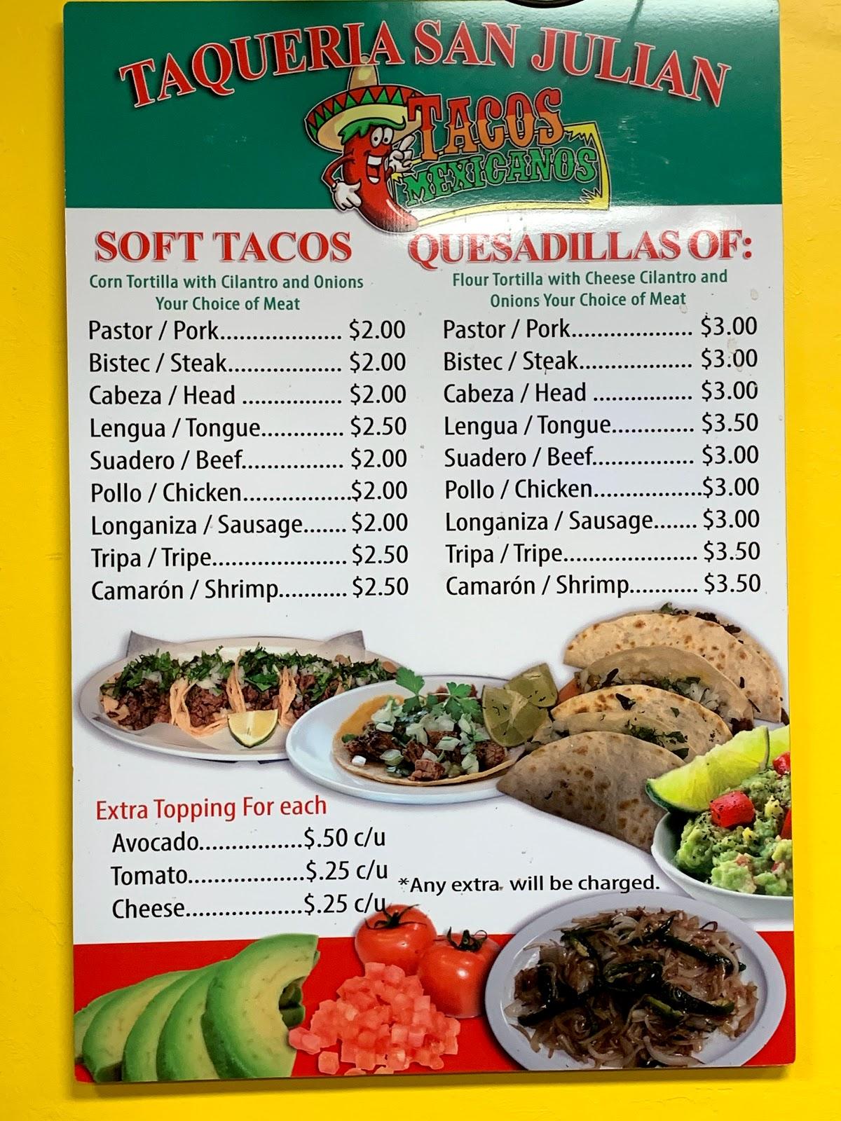 Menu at Taqueria San Julian restaurant, Fort Myers