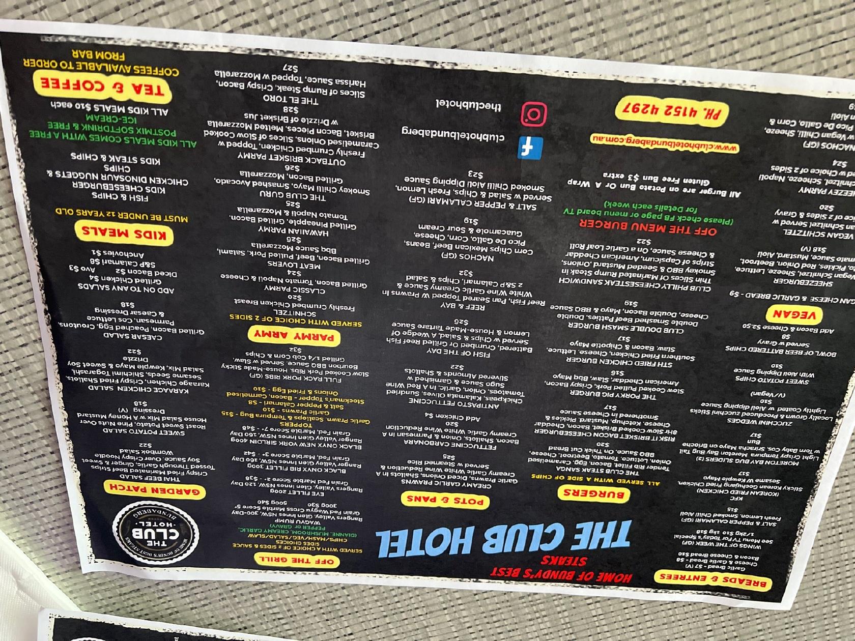 Menu at The Club Hotel, Bundaberg Central