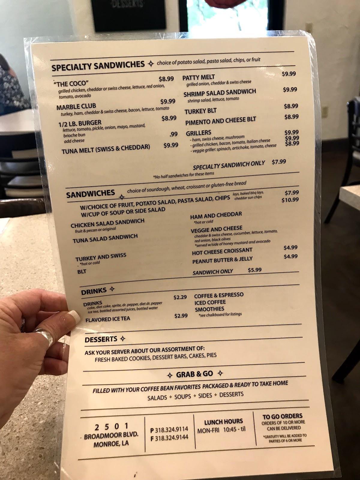 Menu at The Coffee Bean cafe, Monroe