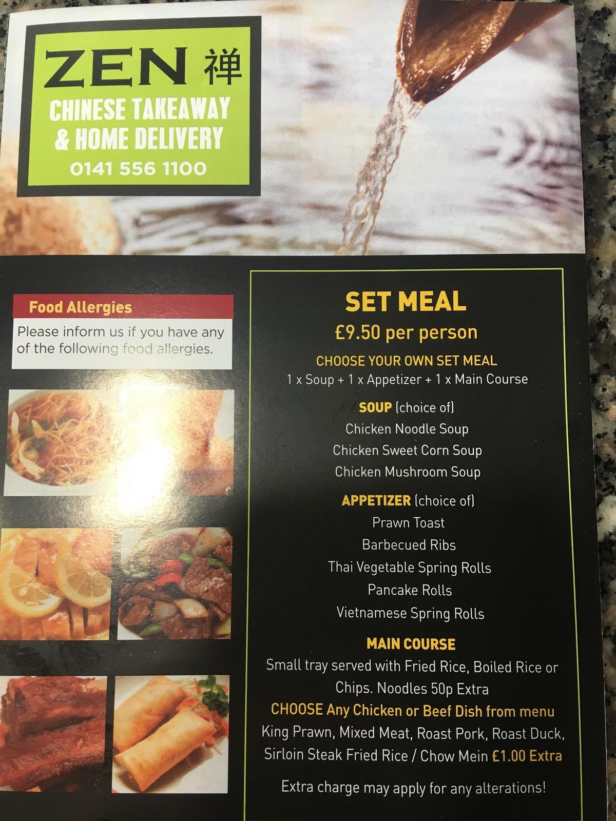 Menu at Zen Chinese Takeaway fast food, Glasgow, 618 Alexandra Parade