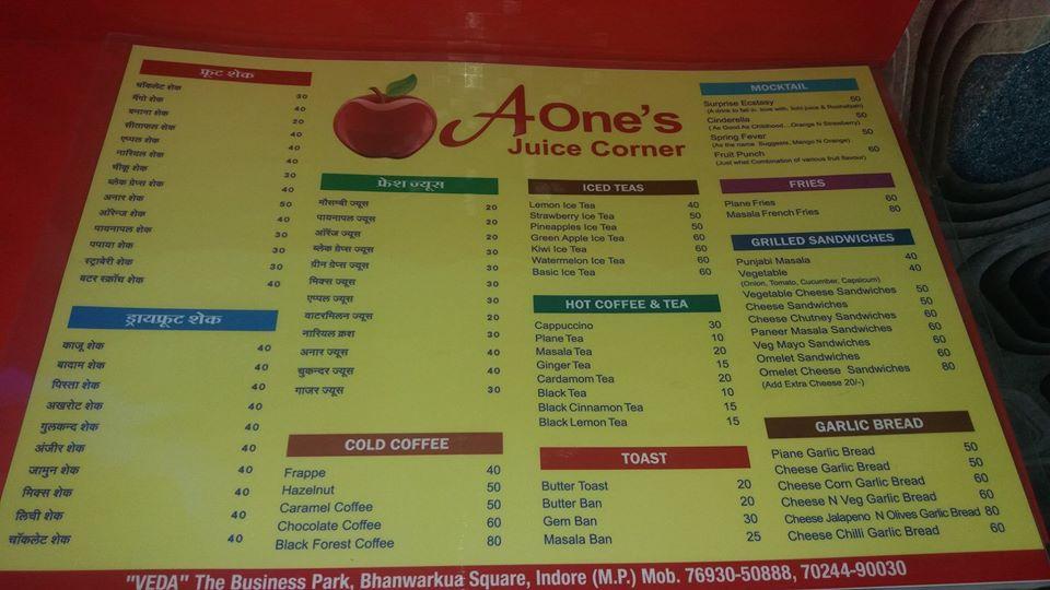 Menu at A One's Juice & Cafe, Indore