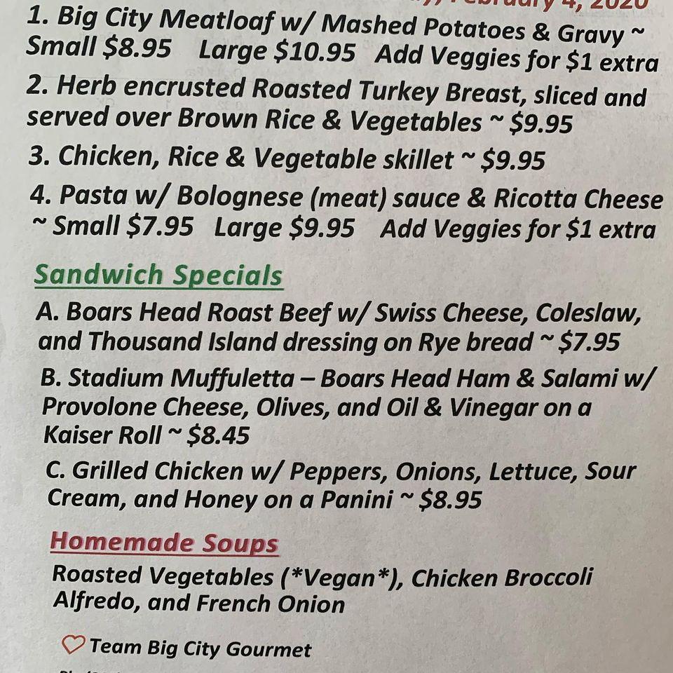 Menu at Big City Gourmet restaurant, White Plains