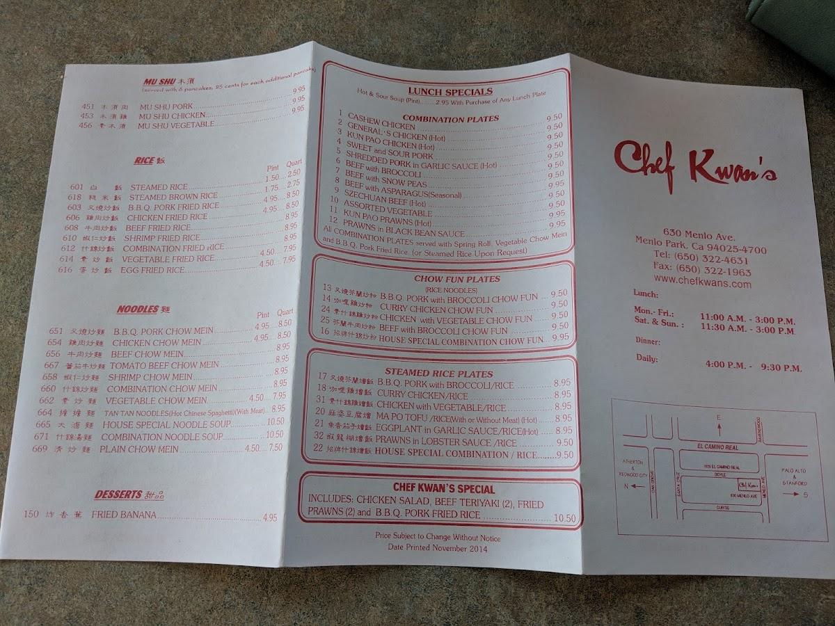 Menu at Chef Kwan's restaurant, Menlo Park